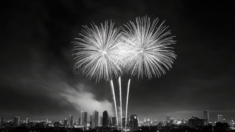 Night City Fireworks Display Dramatic Black and White Image of Two ...