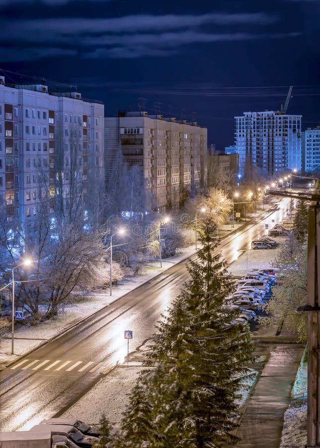 Night City in the First Snowfall Stock Photo - Image of siberia, city ...