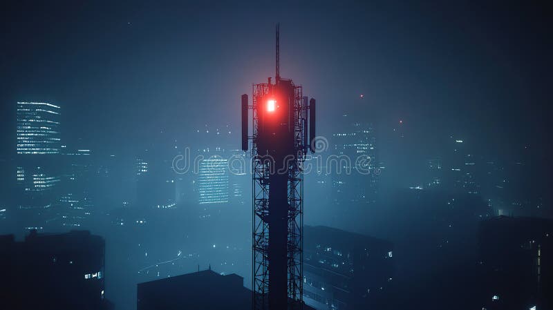 Night City Fog, Red Light Cellular Tower Stock Image - Image of skyline ...