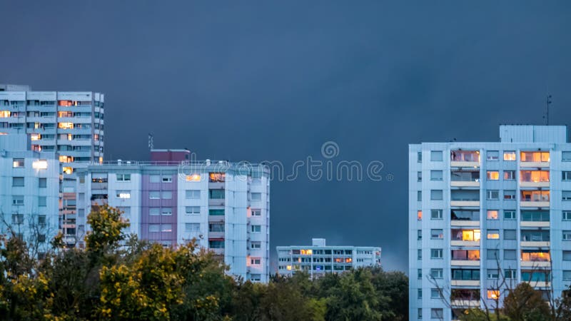 Night in the City, Glowing Windows of Buildings Stock Image - Image of ...