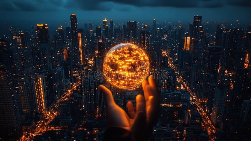 Night City Held within Glowing Sphere, Aerial View, Hands Stock ...