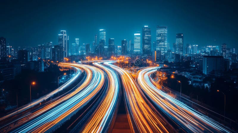 Night City Highway with Bright Traffic Lights and Skyline Stock ...