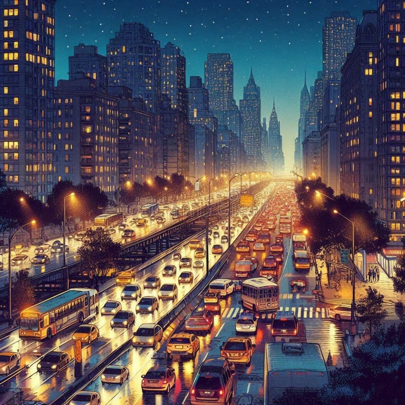 Night City Highway Image of Streetlights and Headlights Light Up the ...