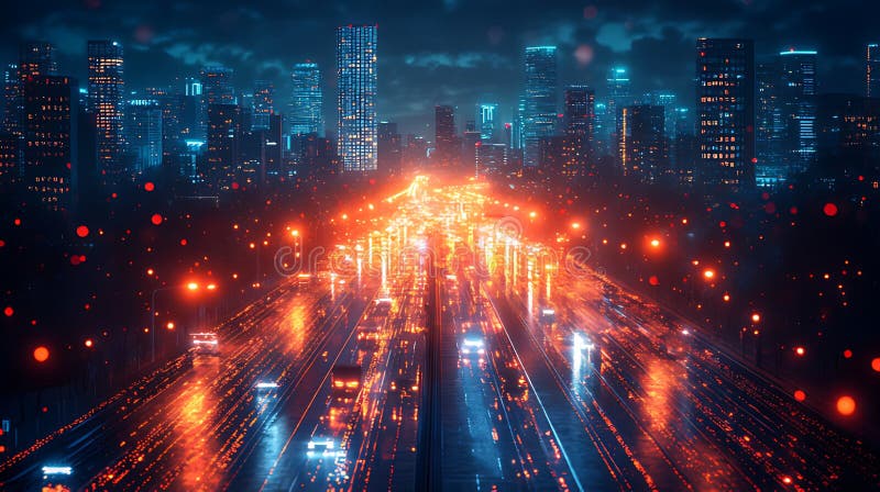 Night City Highway Traffic Flow Futuristic Background Stock ...