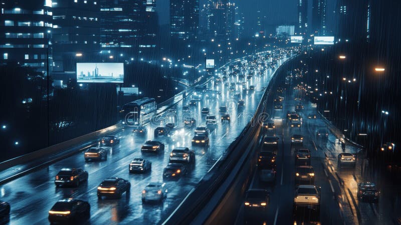 Night City Highway Traffic Jam Under Rain Stock Illustration ...