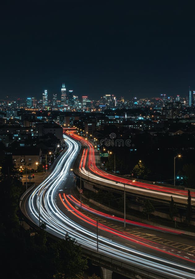 Night City Highway Traffic Lights Long Exposure Stock Illustration ...