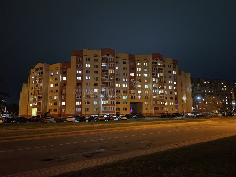 Night City with Houses in Which the Windows Glow Editorial Stock Image ...