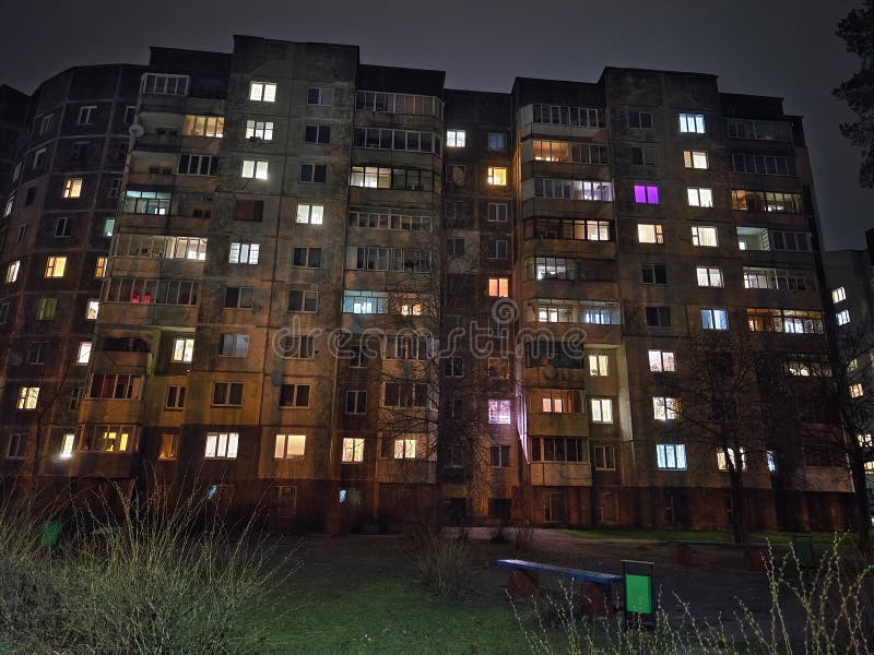 Night City with Houses in Which the Windows Glow Editorial Stock Image ...