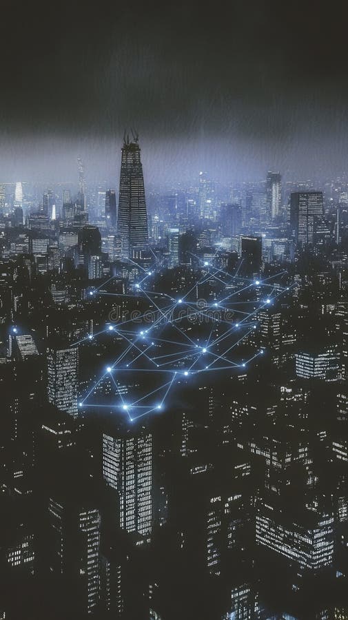 Night City with Illuminated Digital Networks Overhead Stock ...