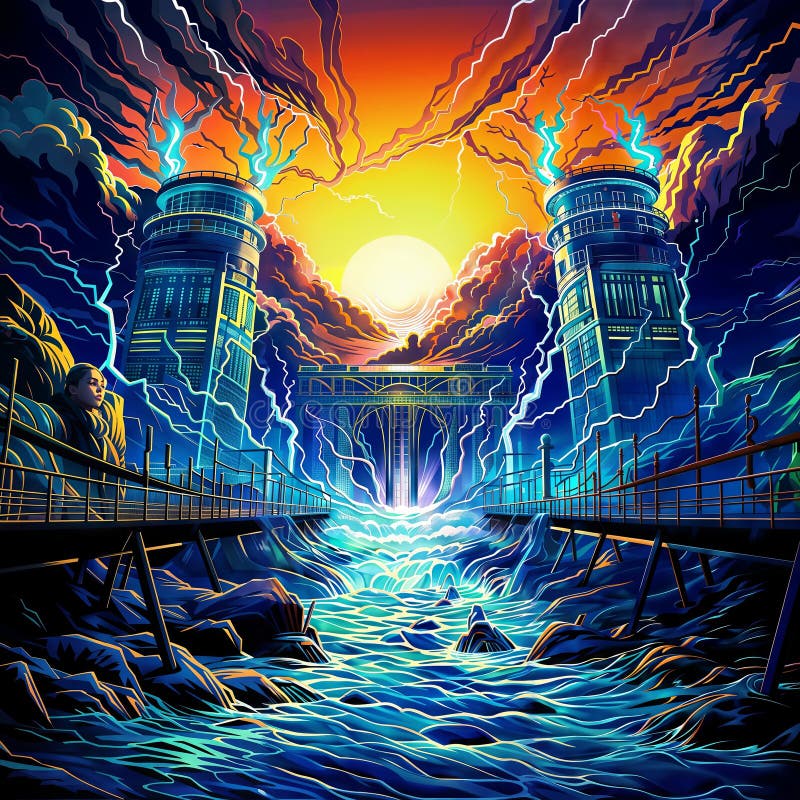 Night City Landscape with Skyscrapers and Bridge. Vector Illustration ...