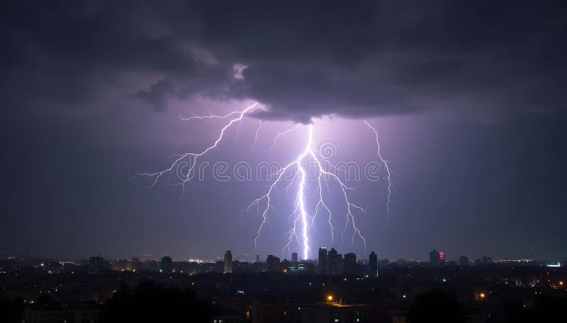 Night City Lightning Storm: Dramatic Bolt Over Urban Skyline Stock ...