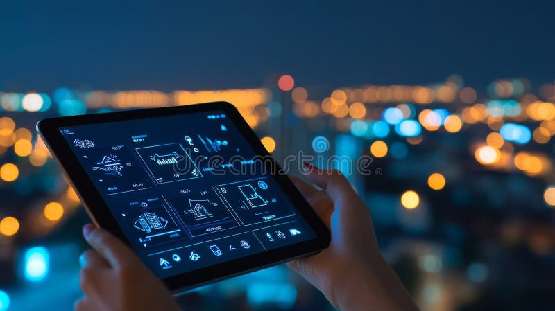 Night City Lights and Data Analysis on Tablet Screen Stock Illustration ...
