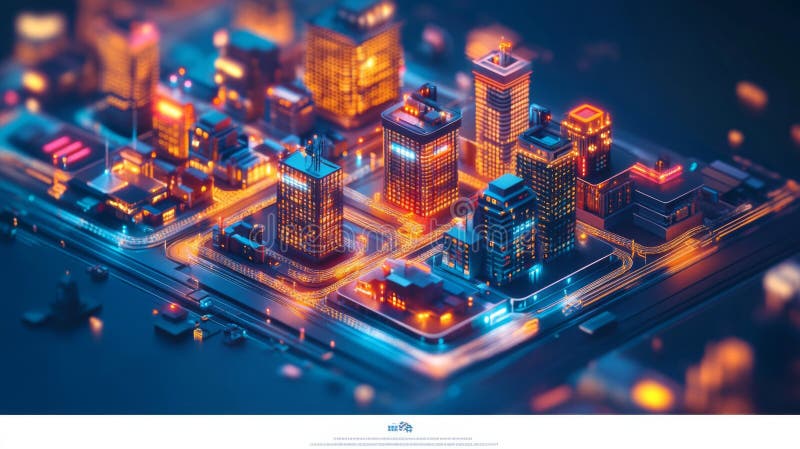 Night City Lights: Glowing Buildings in 3D Isometric View Stock ...