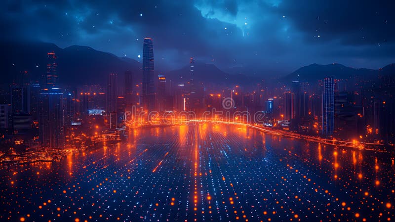 Night City Lightscape, Data Stream Reflection, Harbor, Mountains Stock ...