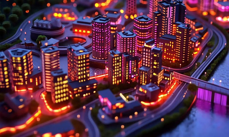 Night City Model Riverside Glow Urban Planning Design Stock Video ...