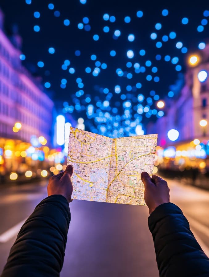Night City Navigation Person Holding a Map at Night with City Lights ...