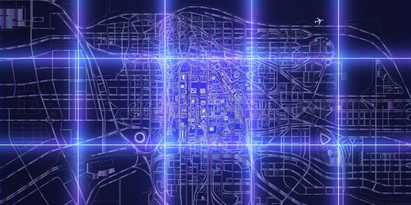 Night City with Neon Grid Above View Stock Illustration - Illustration ...