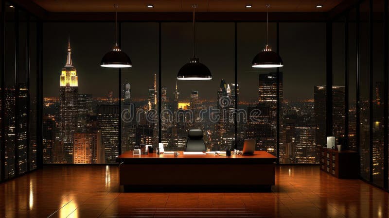 Night City Office View stock image. Image of desk, modern - 367092257