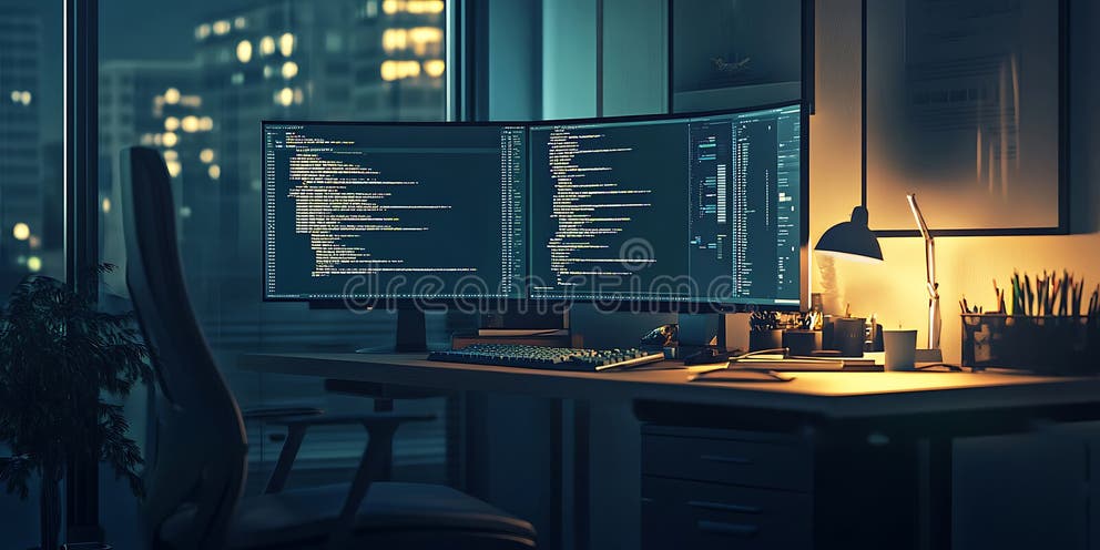 Night City Programmer Desktop Coding Wallpaper Stock Illustration - Illustration of screens ...
