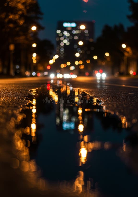 Night City Rain Reflection in Puddle Stock Illustration - Illustration ...