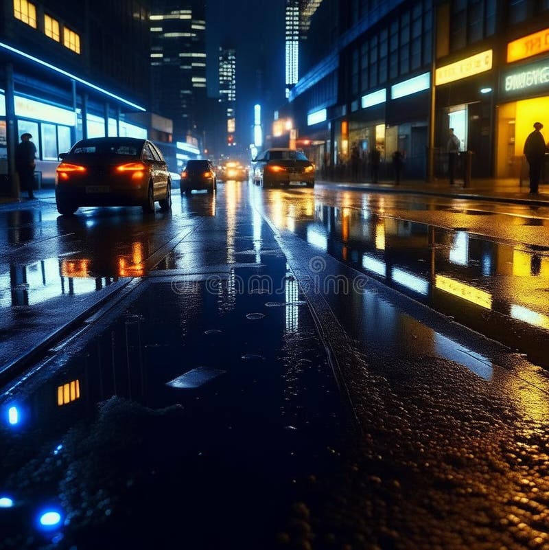 Night City in the Rain with Reflections on Wet Street Stock ...