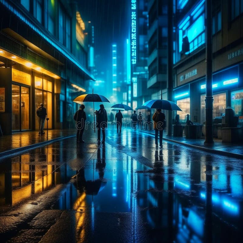 Night City in the Rain with Reflections on Wet Street Stock ...