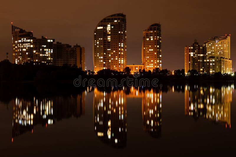 Night City with Reflection of Houses in the River Stock Photo - Image ...