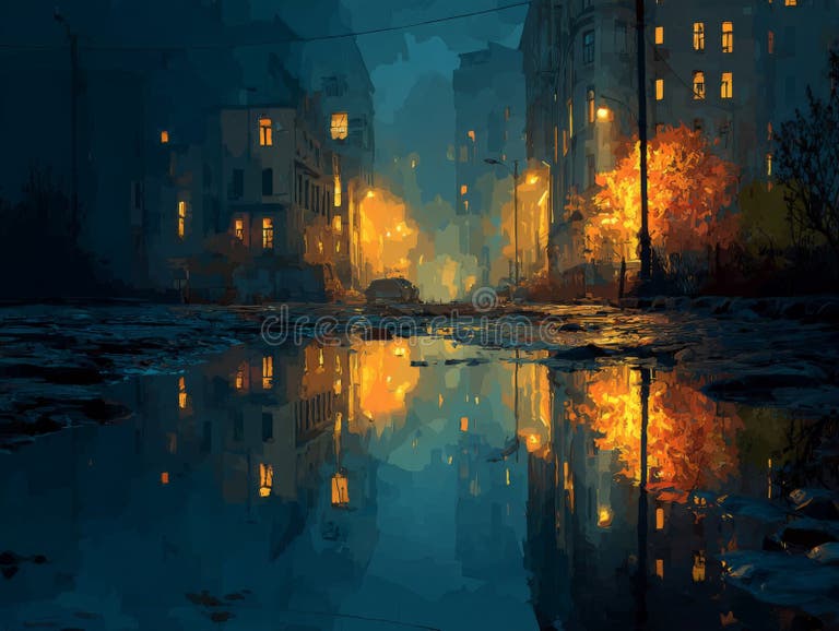 Night City Reflection in a Puddle Stock Illustration - Illustration of ...