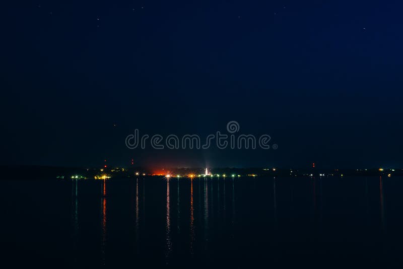 Night City Night on River with Reflection in Water Under Starry Sky ...