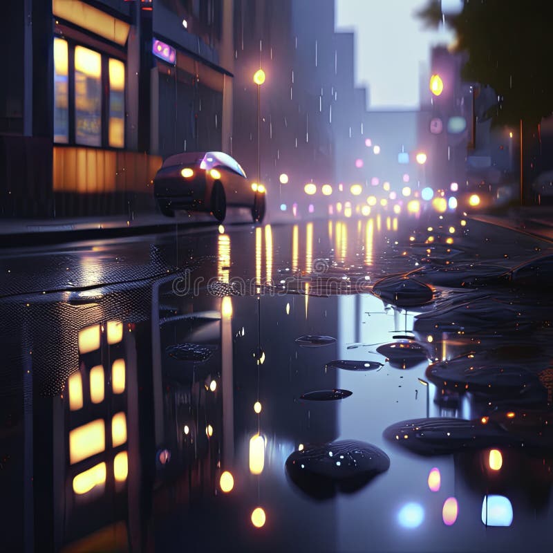Night City Road with Puddles of Water. 3d Rendering Generative AI Stock ...