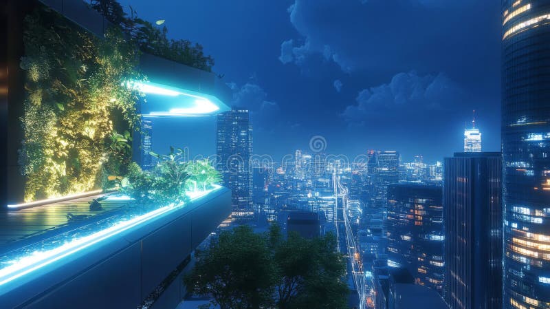 Night City Rooftop Garden View: Illuminated Skyline and Modern ...
