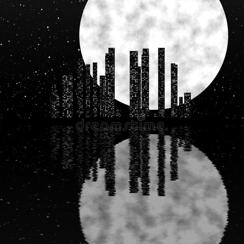 City Moon and Cloud Night Scene Stock Illustration - Illustration of ...