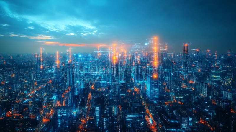 Night City Skyline with Blue and Orange Lights Stock Illustration ...