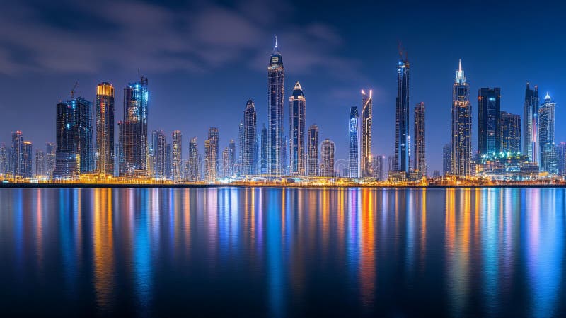Night City Skyline with Colorful Building Reflections Stock ...