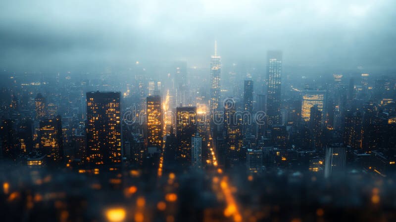 Night City Skyline with Fog and Lights Stock Illustration ...
