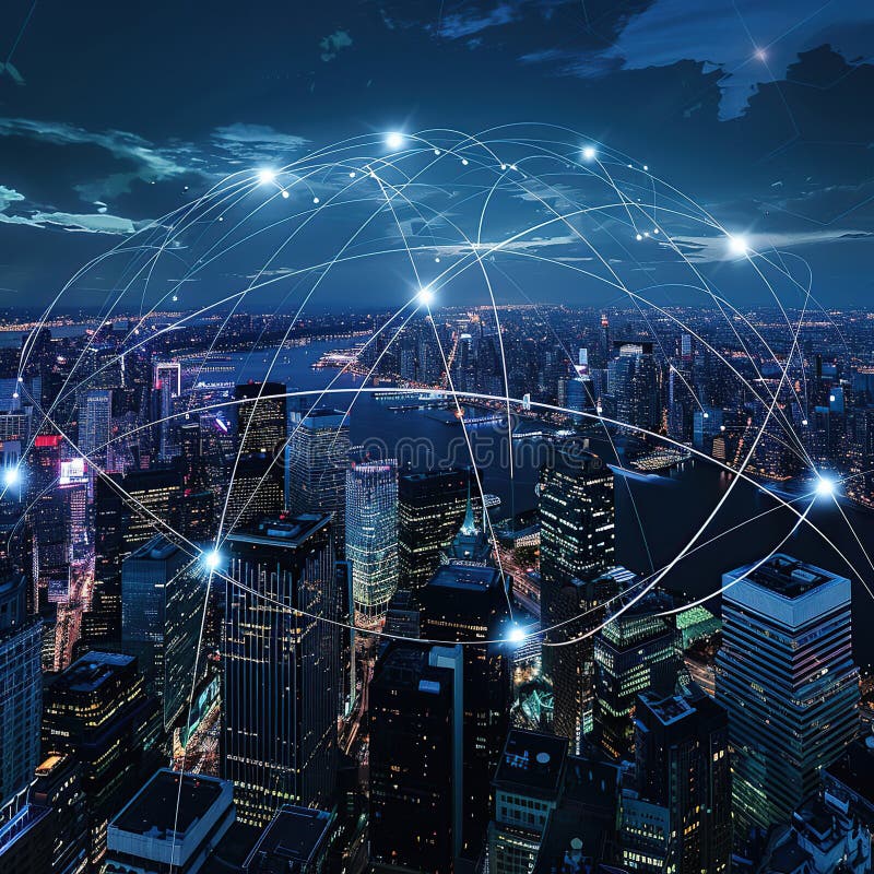 Night City Skyline with Glowing Network Connections Stock Illustration ...