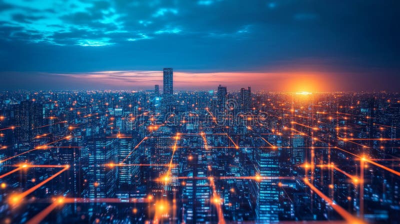 Night City Skyline with Glowing Network Connections Stock Illustration ...