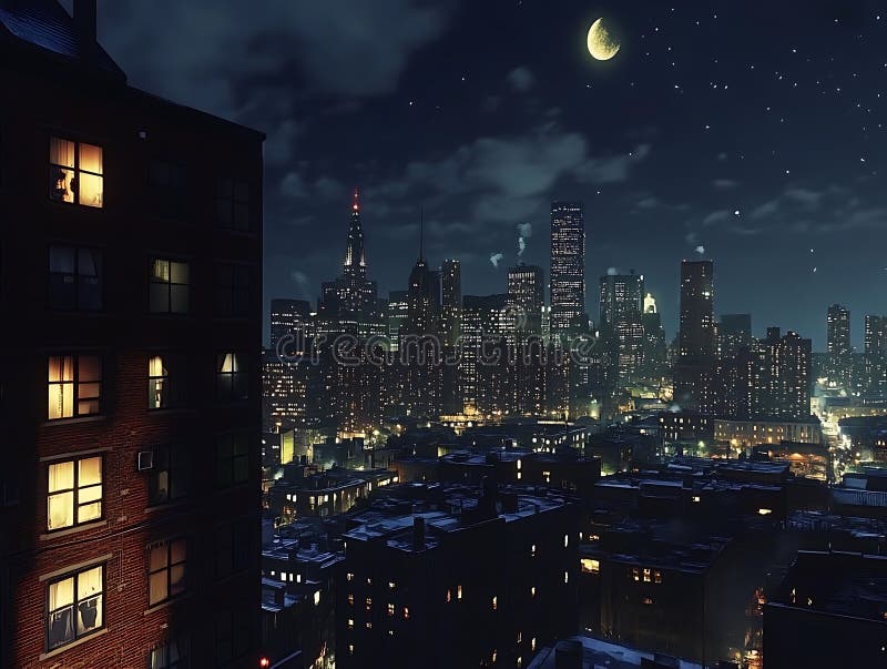Night City Skyline with Illuminated Buildings and Moonlight Stock ...