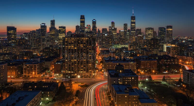 Night City Skyline with Illuminated Buildings and Traffic Stock ...