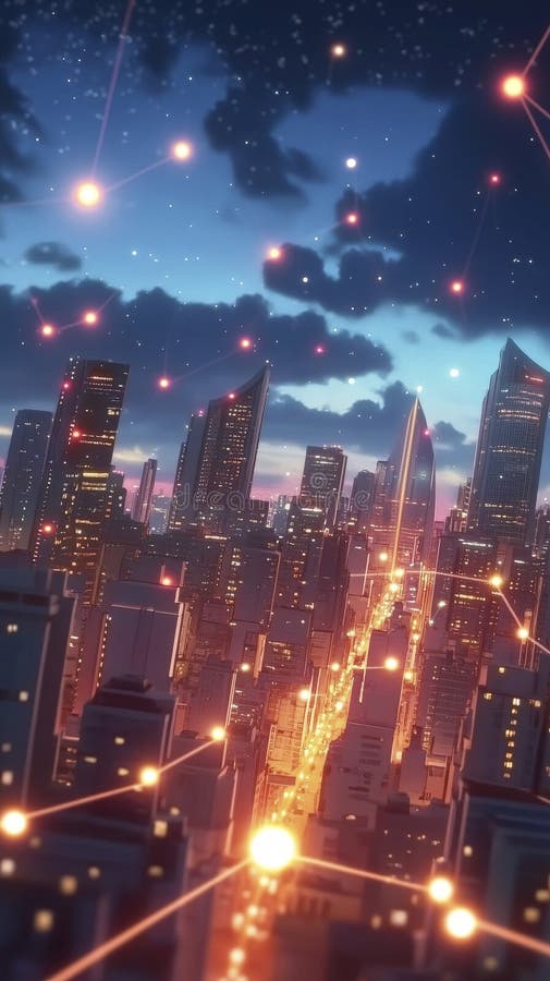 Night City Skyline with Interstellar Digital Elements Stock ...