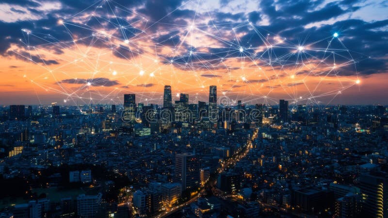 Night City Skyline with Network Connections at Sunset Stock ...