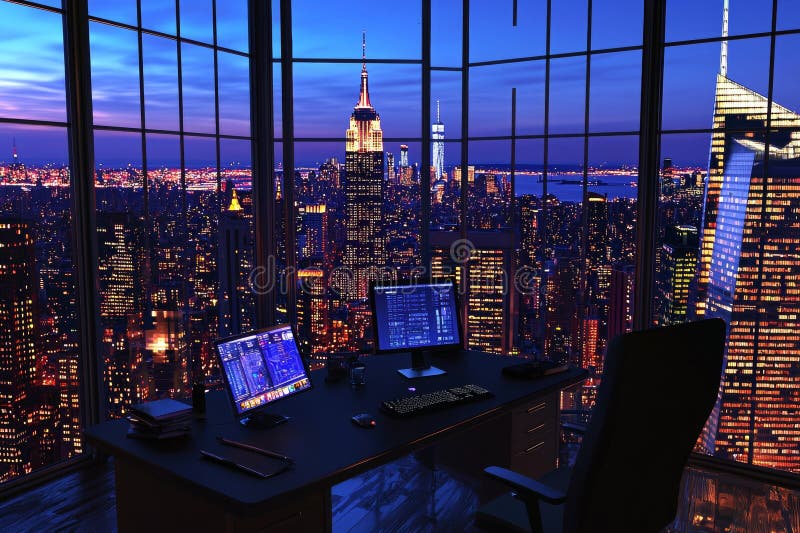 Night City Skyline Office with 3D Rendering. Stock Illustration ...
