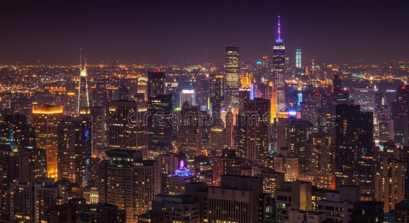 Night City Skyline Panorama with Illuminated Buildings Stock ...