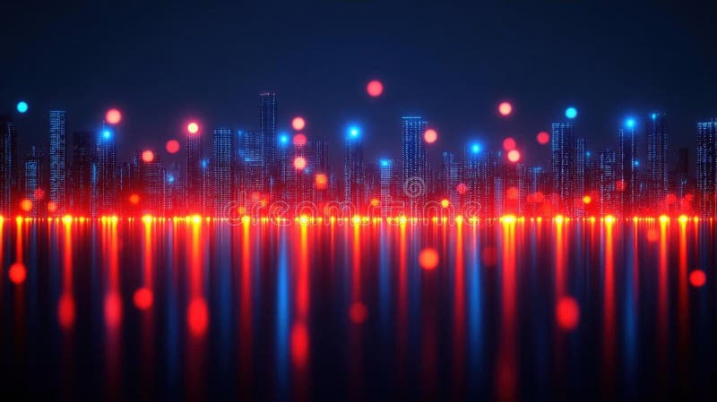 Night City Skyline with Red and Blue Lights Reflecting on Water Stock ...