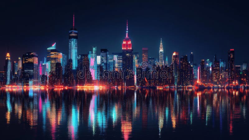 Night City Skyline Reflection Colorful Lights Vibrant Metropolis Stock ...