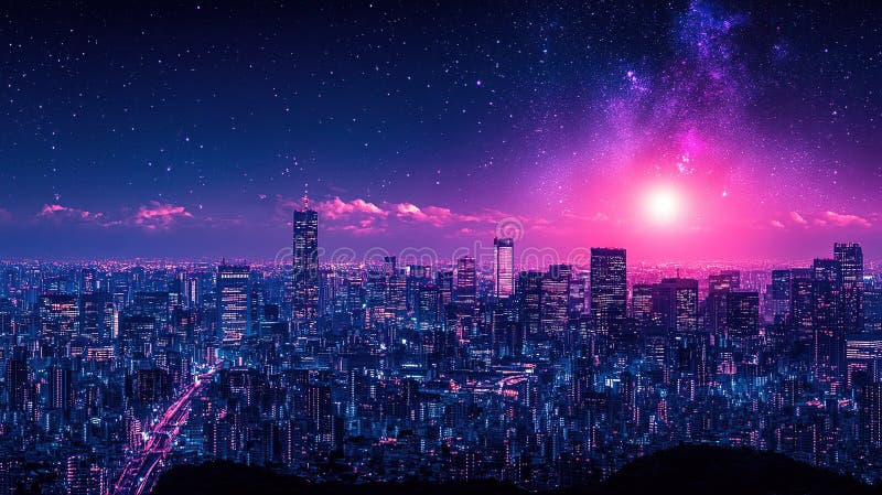Night City Skyline, Vibrant Colors, Starry Sky Stock Illustration ...
