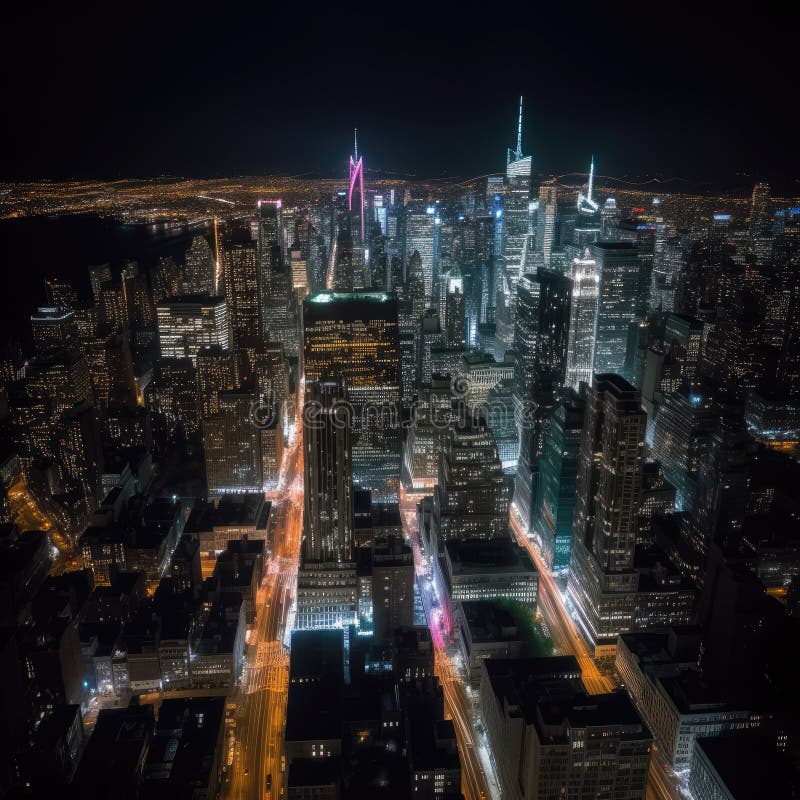 Night City Skyline View from Drone Stock Illustration - Illustration of ...