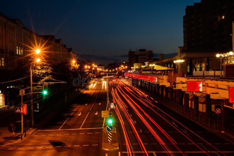 Night City Street with Lanterns and Bright Signs Stock Image - Image of ...