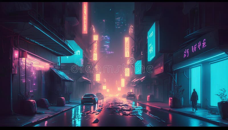Night City Street with Neon Lights, 3d Rendering. Computer Digital ...