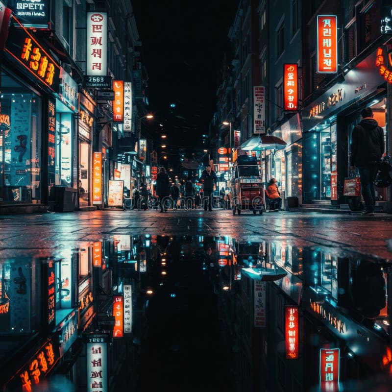 Night City Street Reflection with Neon Lights Stock Illustration ...